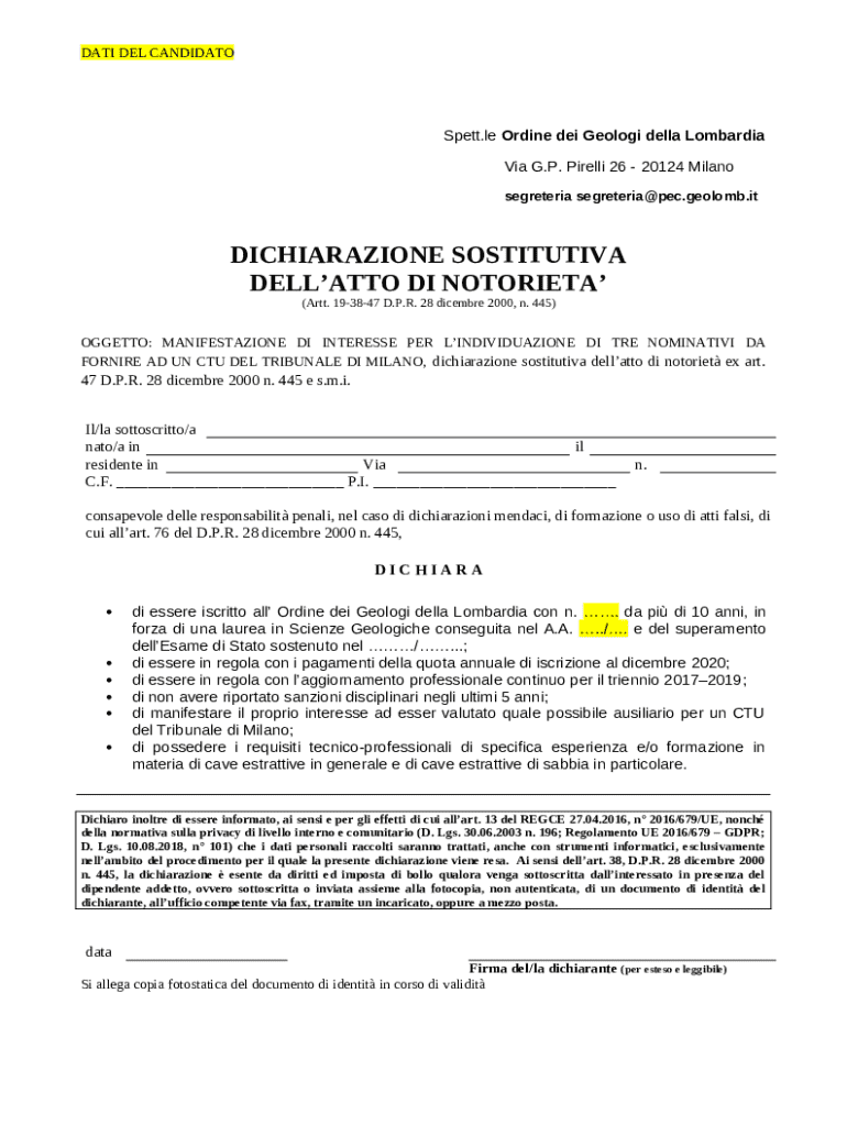 Dichiarazione Sostitutiva Dell'atto Di Notorietà Doc Template | pdfFiller