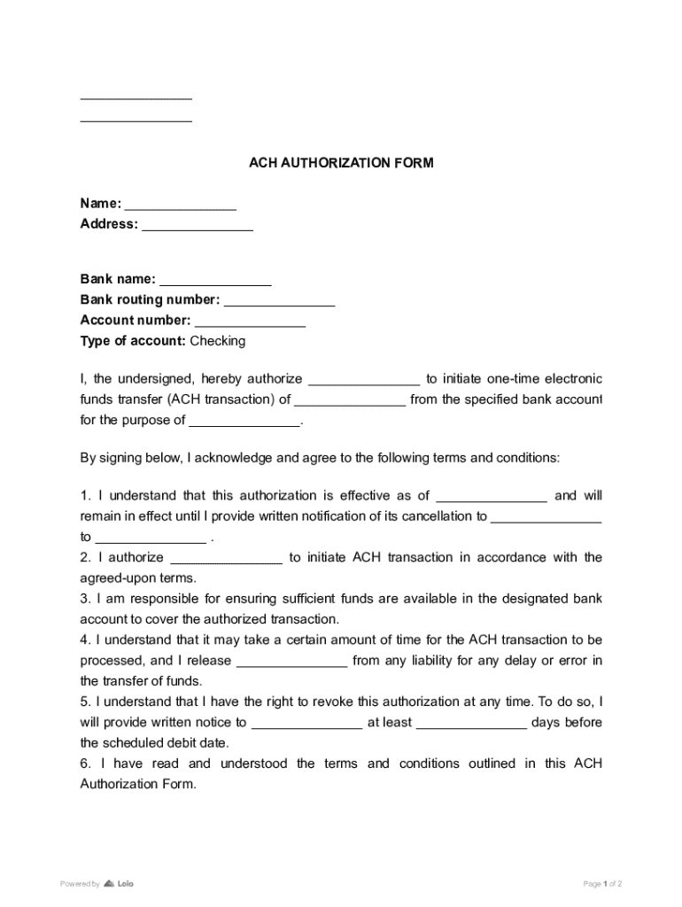 Fillable Online Ach Authorization Form Fax Email Print - pdfFiller