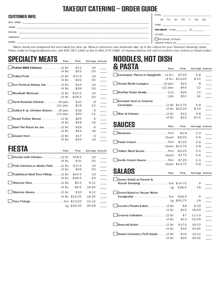 Fillable Online Takeout Catering Order Guide Fax Email Print - pdfFiller
