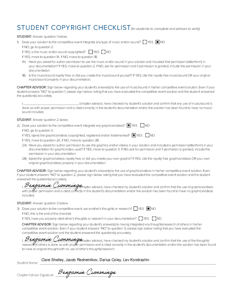 Fillable Online Student Copyright Checklist for Competitive Event ...