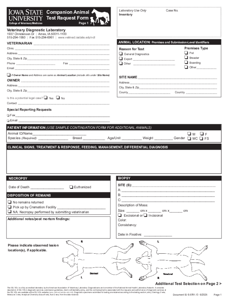 Fillable Online Veterinary Diagnostic Laboratory Test Request Form Fax ...