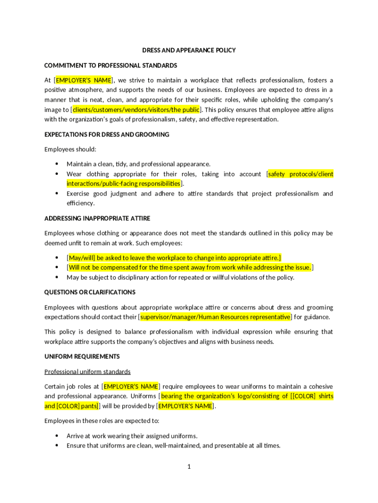 Dress code policy template Doc Template | pdfFiller