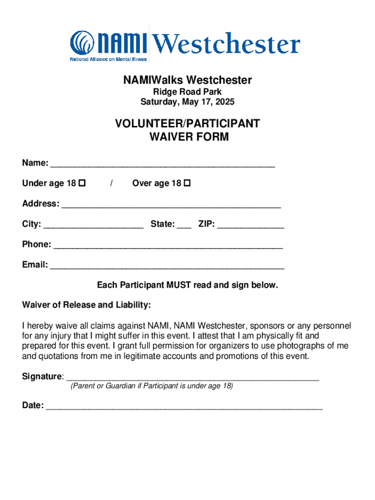Fillable Online Namiwalks Westchester Volunteer/participant Waiver Fax ...