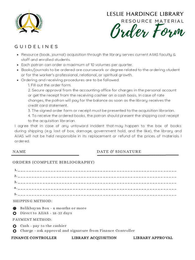 Fillable Online Leslie Hardinge Library Resource Material Order Form ...