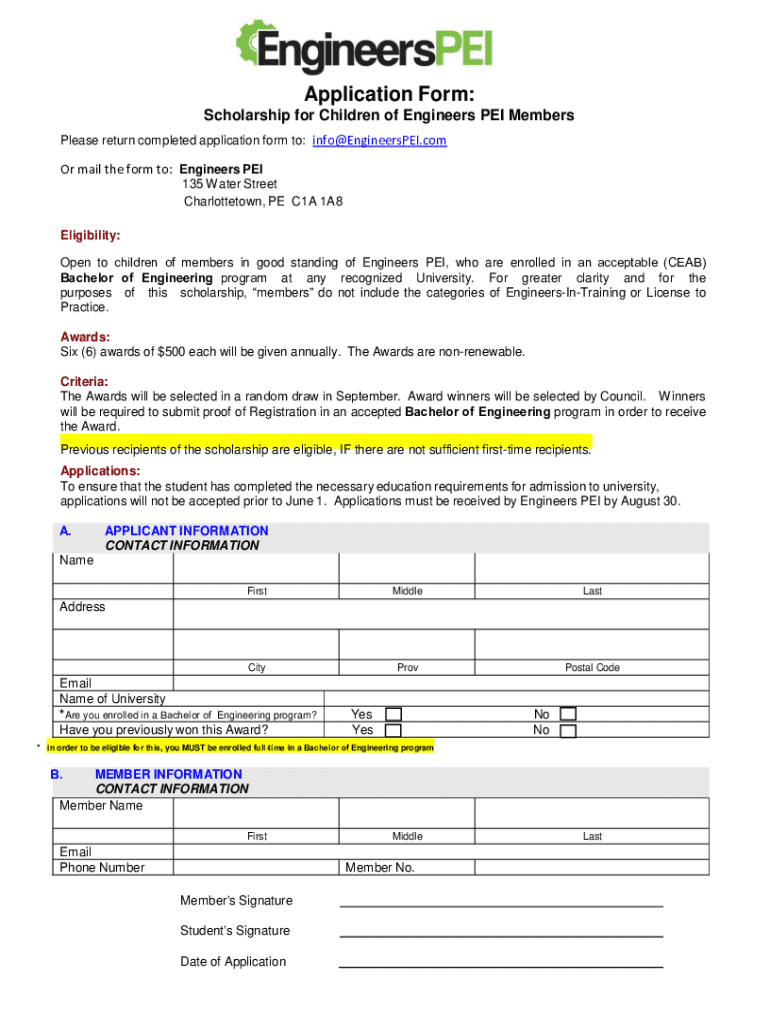Fillable Online Scholarship for Children of Engineers Pei Members Fax ...