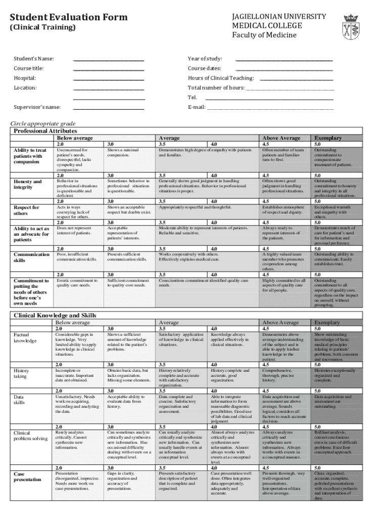 Fillable Online Student Evaluation Form (clinical Training) Fax Email ...