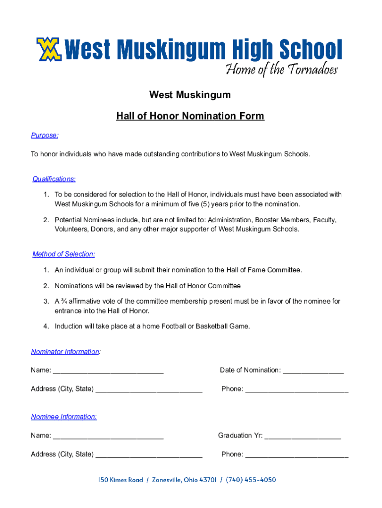 Fillable Online Hall of Honor Nomination Form Fax Email Print - pdfFiller