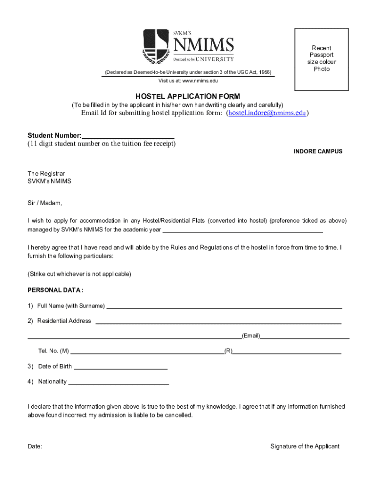 Fillable Online Svkm's Nmims Hostel Application Form Fax Email Print ...