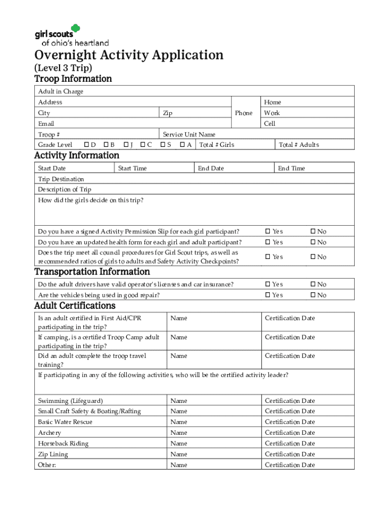 Fillable Online Overnight Activity Application (level 3 Trip) Fax Email Print - pdfFiller