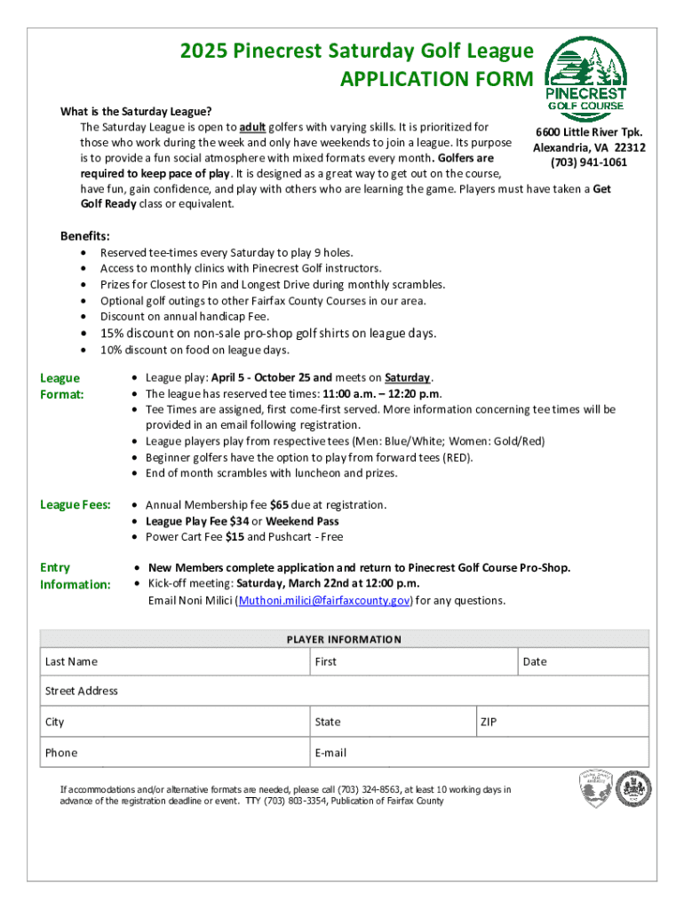 Fillable Online 2025 Pinecrest Saturday Golf League Fax Email Print - pdfFiller