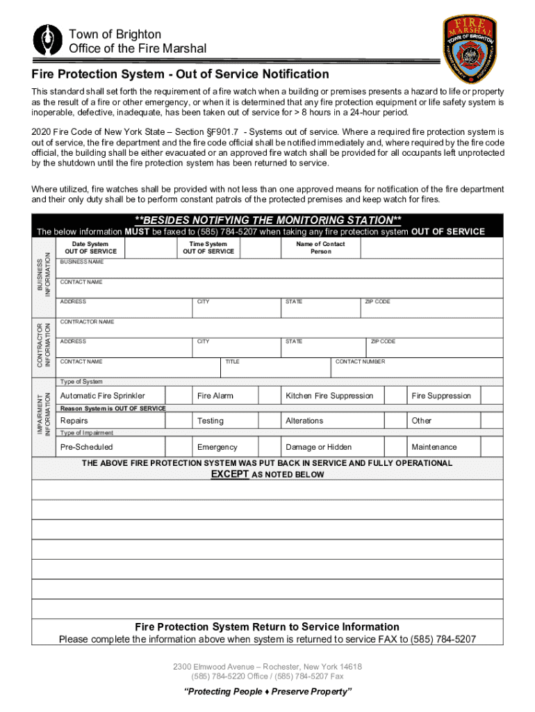 Fillable Online Fire Protection System - Out of Service Notification Procedures Fax Email Print ...