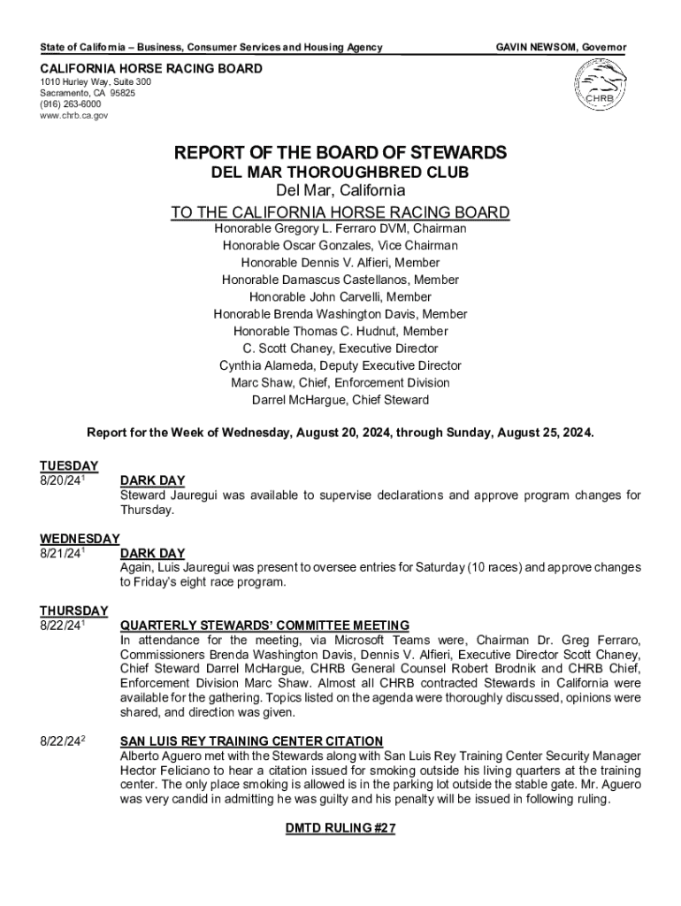 Fillable Online Report of the Board of Stewards - Del Mar Thoroughbred Club Fax Email Print ...