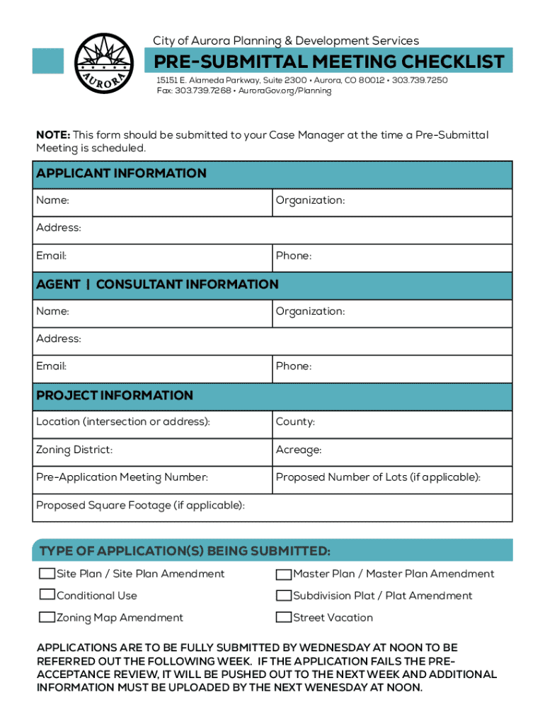 Fillable Online City of Aurora Planning & Development Services Pre-submittal Meeting Checklist ...