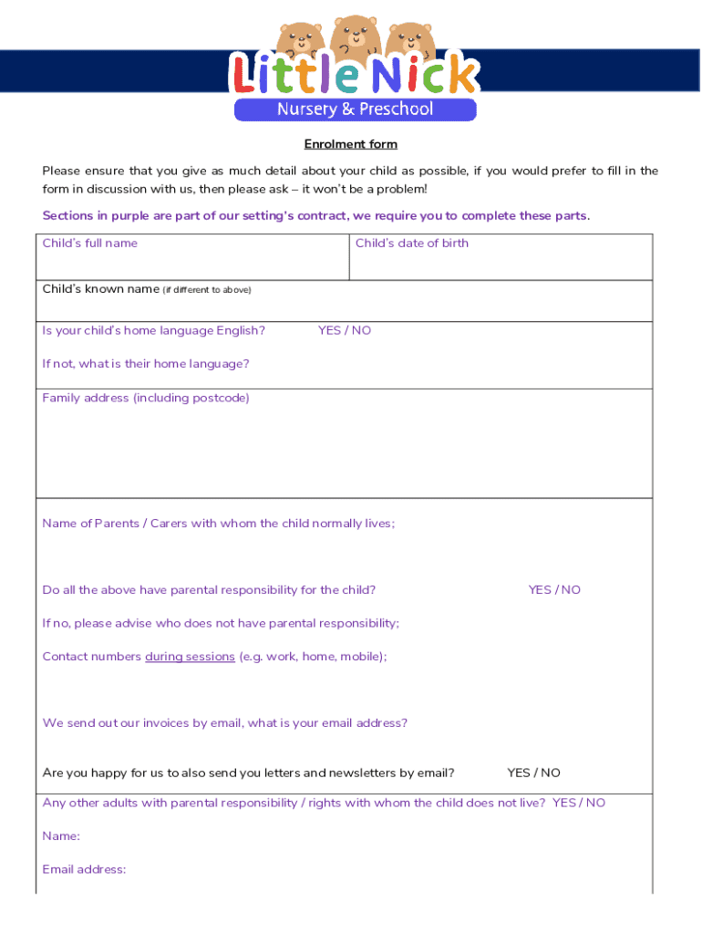 Fillable Online Child Enrolment Form for Little Nick Nursery and ...