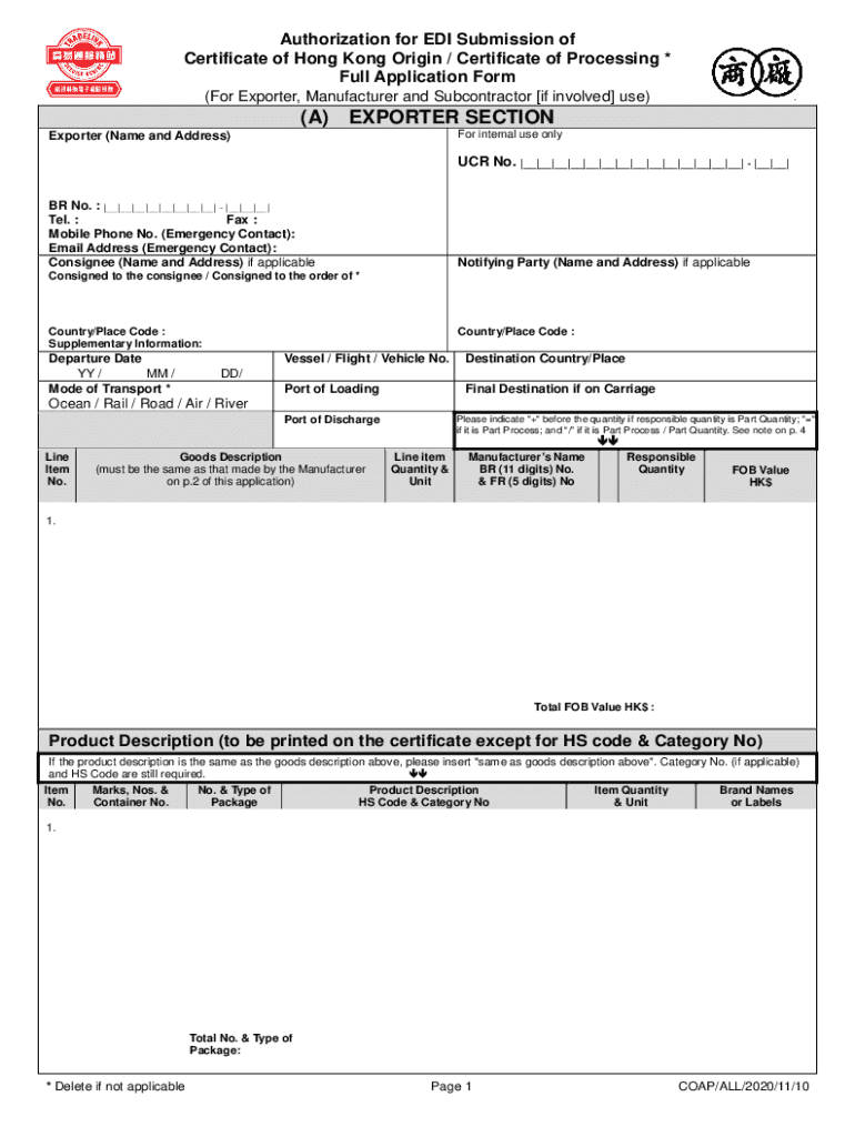 Fillable Online Certificate of Hong Kong Origin / Certificate of Processing Fax Email Print ...