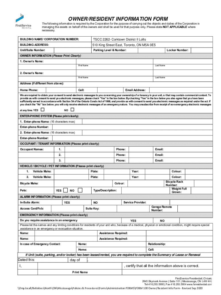 Fillable Online Owner/resident Information Form Fax Email Print - pdfFiller