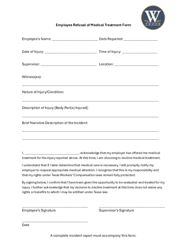 Fillable Online Employee Refusal of Medical Treatment Form Fax Email Print - pdfFiller