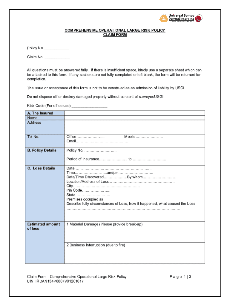 Fillable Online Comprehensive Operational Large Risk Policy Claim Form Fax Email Print - pdfFiller