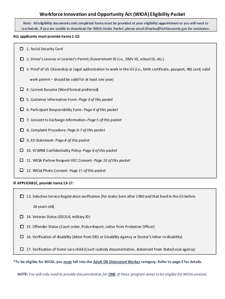 Fillable Online Wioa Eligibility Packet Fax Email Print - pdfFiller