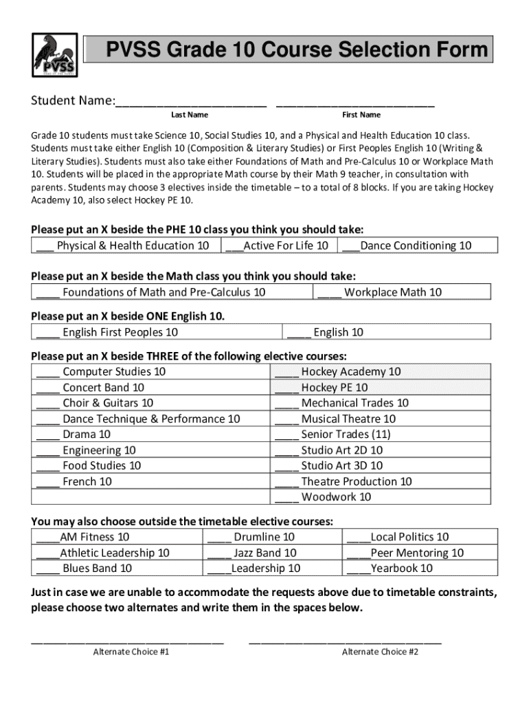 Fillable Online Course Selection for Grade 10 Students Fax Email Print - pdfFiller
