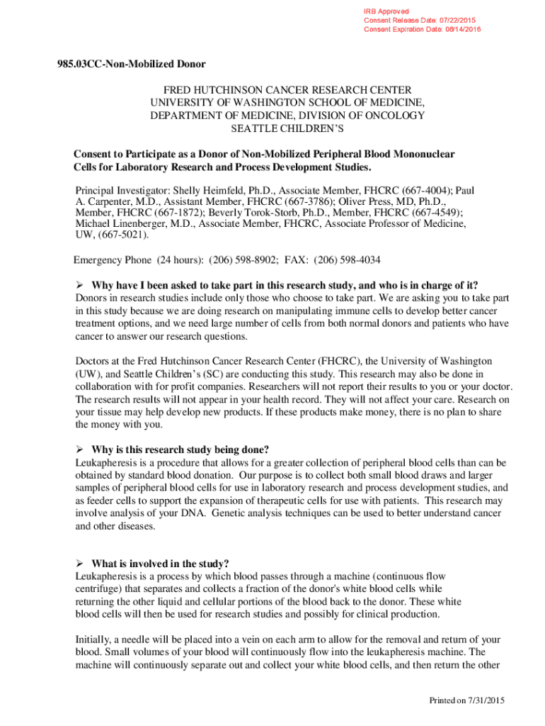 Fillable Online Consent to Participate as a Donor of Non-mobilized ...