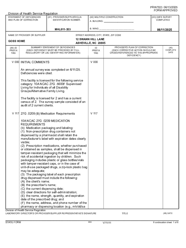 Fillable Online Statement of Deficiencies and Plan of Correction Fax ...