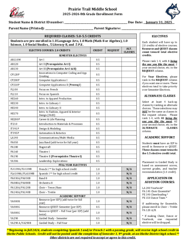 Fillable Online Prairie Trail Middle School 8th Grade Enrollment Fax ...