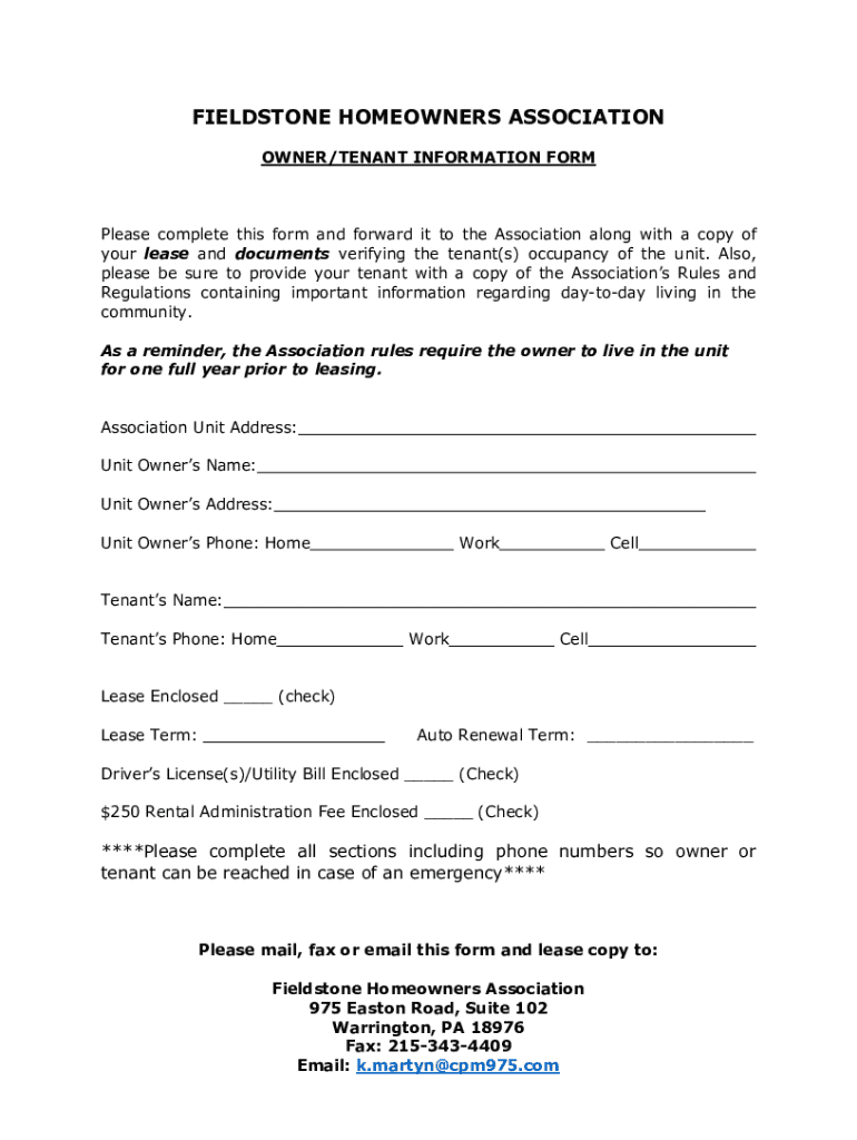 Fillable Online Owner/tenant Information Form Fax Email Print - pdfFiller