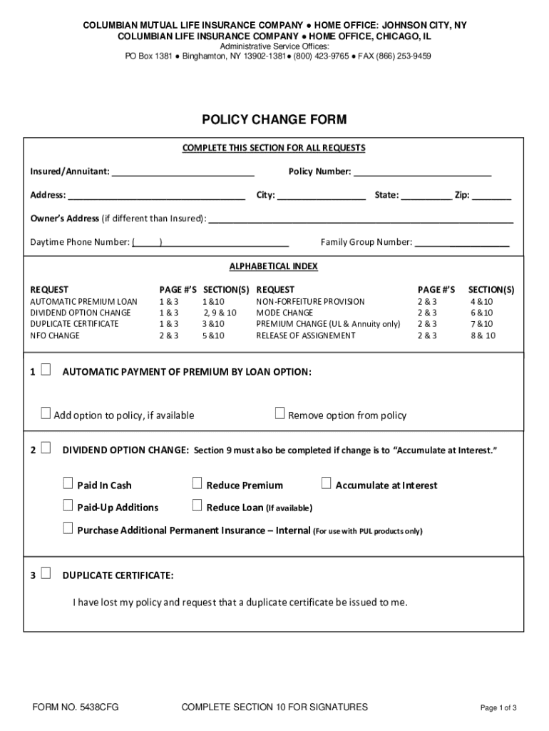 Fillable Online Columbian Life Insurance Policy Change Form Fax Email ...