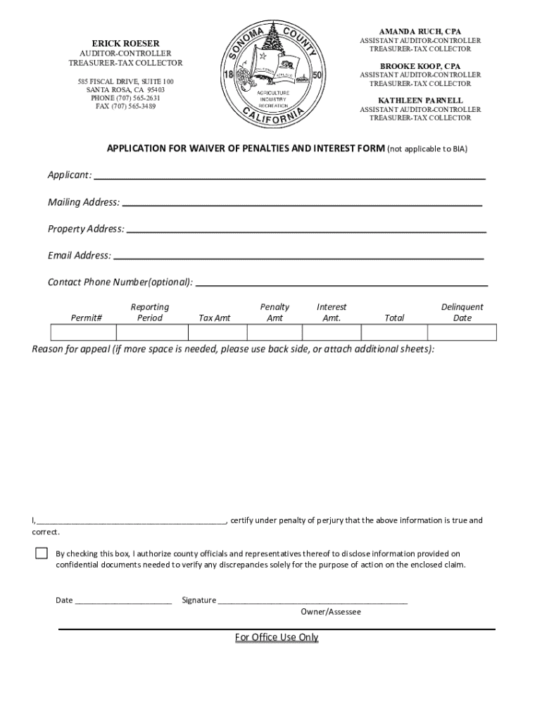 Fillable Online Application for Waiver of Penalties and Interest Fax ...