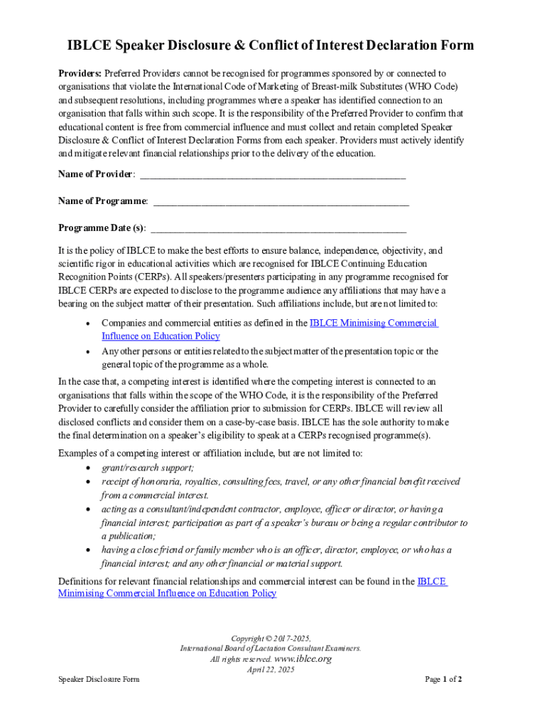 Fillable Online Iblce Speaker Disclosure & Conflict of Interest Declaration Form Fax Email Print ...