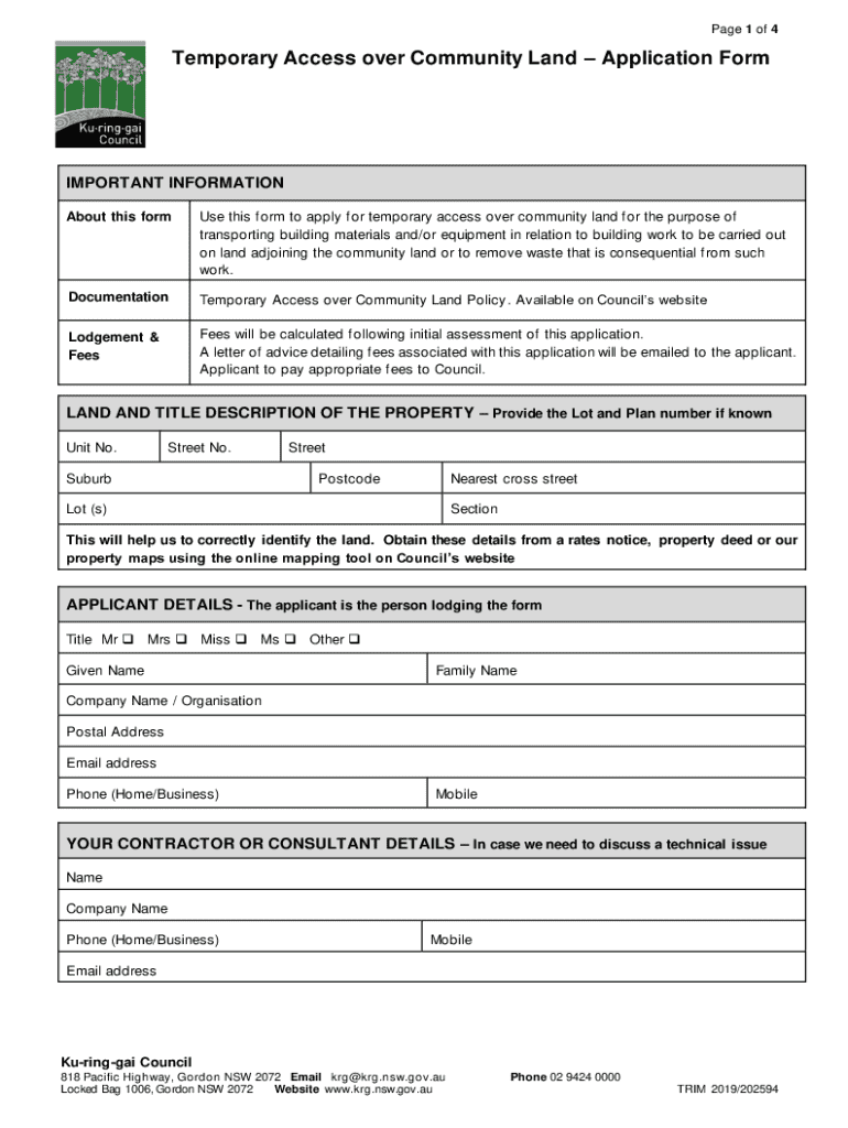 Fillable Online Temporary Access Over Community Land Application Fax ...