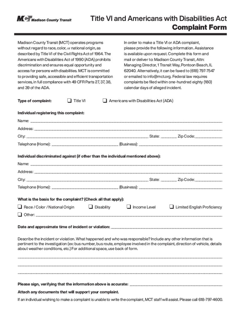 Fillable Online Title Vi and Americans With Disabilities Act Complaint Form Fax Email Print ...