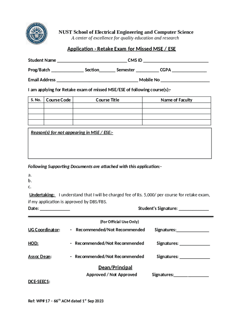 Application - Retake Exam for Missed Mse / Ese - seecs nust edu Doc Template | pdfFiller