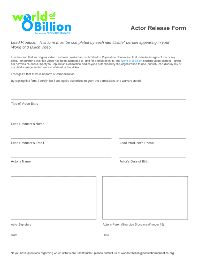 Fillable Online Actor Release Form for World of 8 Billion Video Contest ...