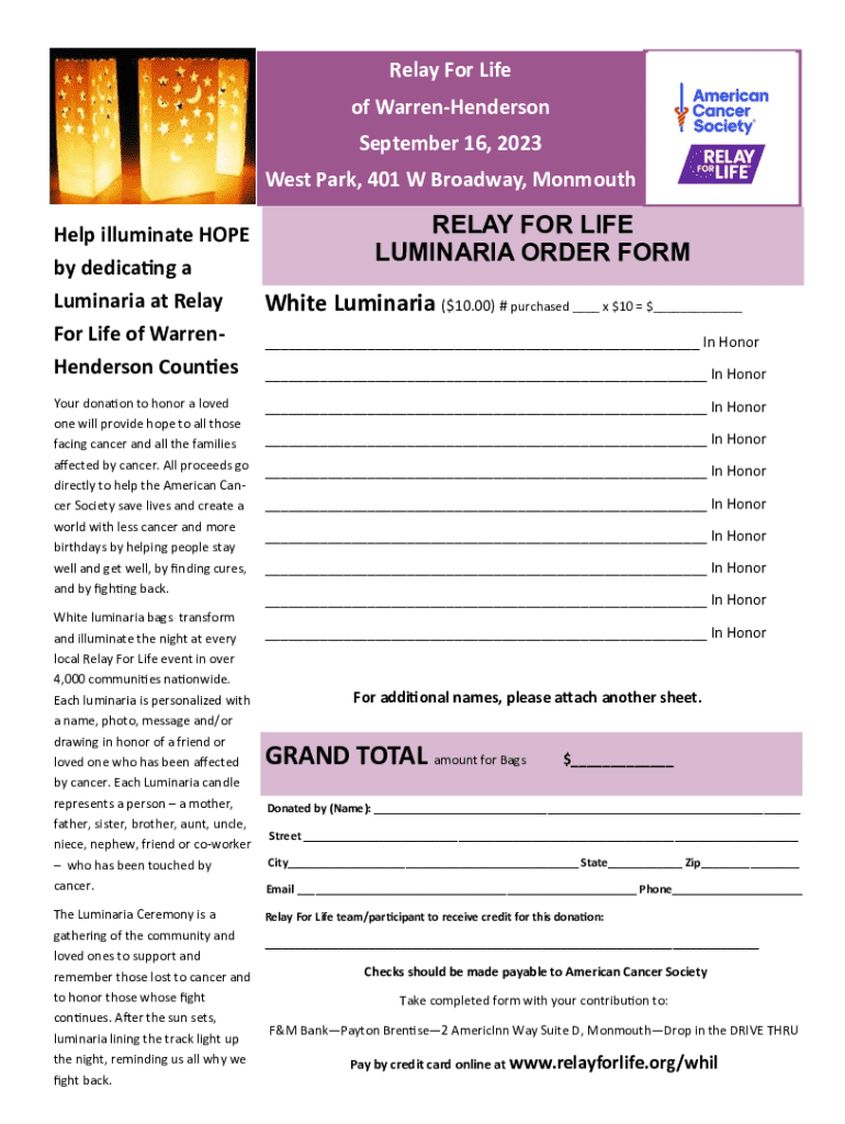 Fillable Online Relay for Life Luminaria Order Form Fax Email Print ...