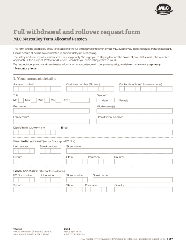 Fillable Online Mlc Masterkey Term Allocated Pension Fax Email Print - pdfFiller