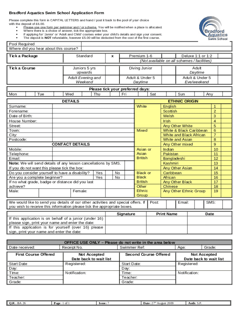 Bradford Aquatics Swim School Application Doc Template | pdfFiller