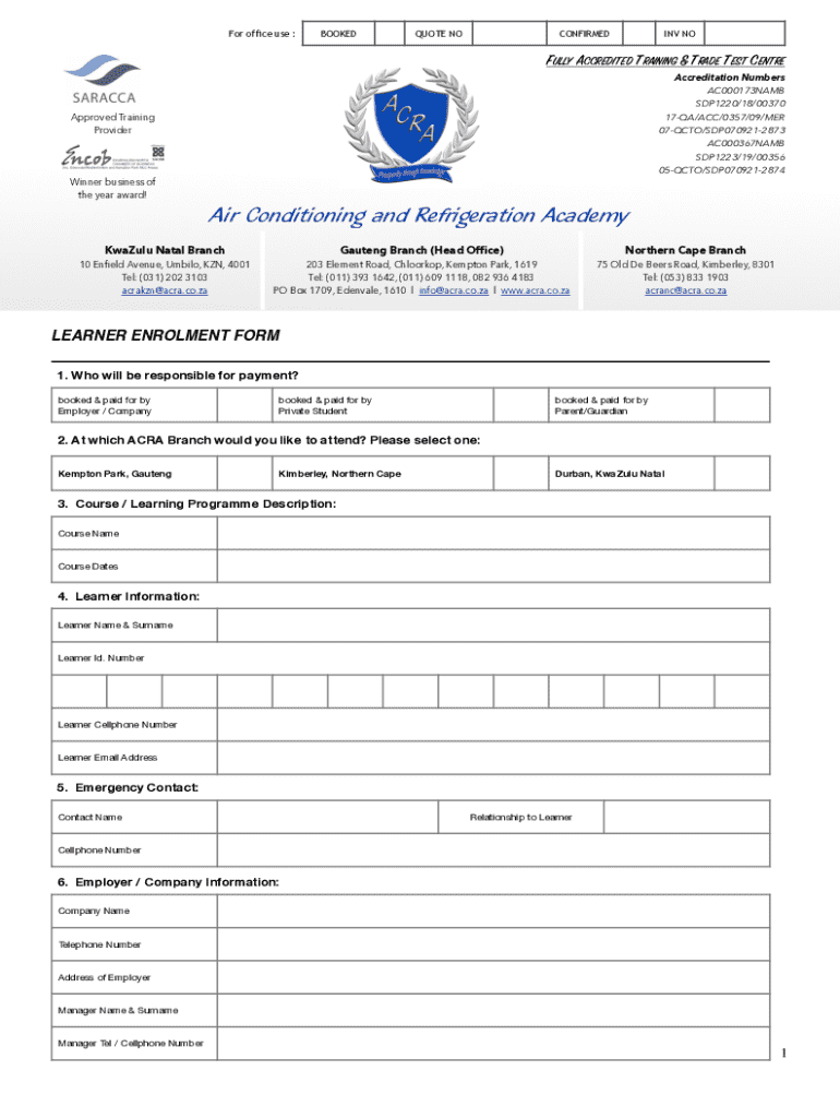 Fillable Online Acra Learner Enrolment Fax Email Print - pdfFiller