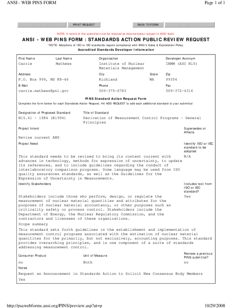 Fillable Online Standards Action Public Review Request Fax Email Print - pdfFiller