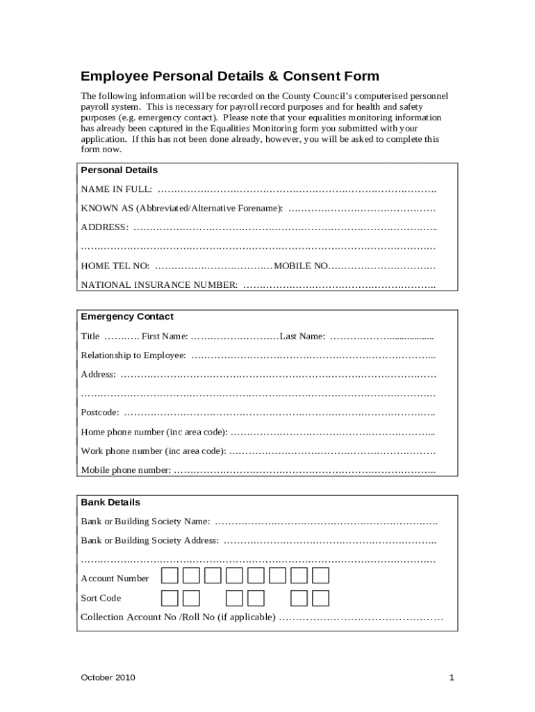 Employee Personal Details & Consent Doc Template | pdfFiller