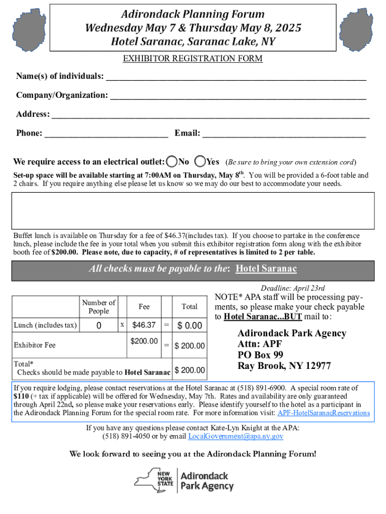 Fillable Online Exhibitor Registration for Adirondack Planning Forum Fax Email Print - pdfFiller