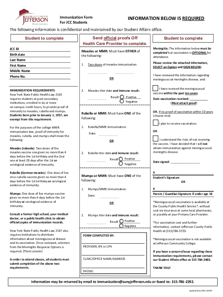 Fillable Online Immunization Form for Jcc Students Fax Email Print ...