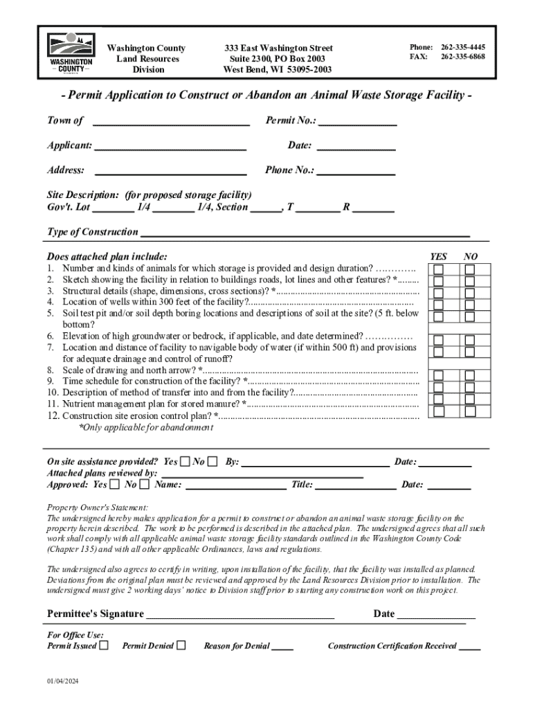 Fillable Online Permit Application to Construct or Abandon an Animal ...