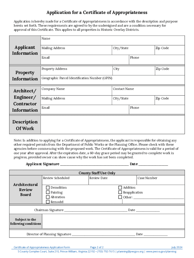 Fillable Online Certificate of Appropriateness Application Fax Email ...