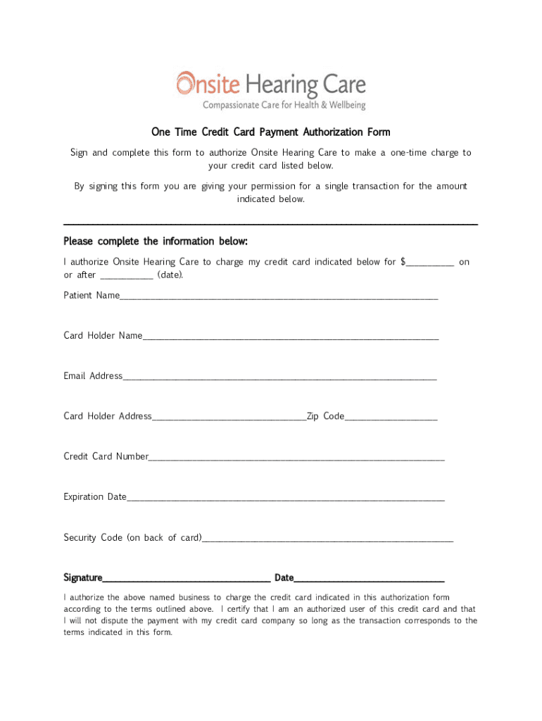 Fillable Online One Time Credit Card Payment Authorization Fax Email ...