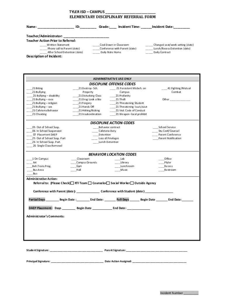 Fillable Online Elementary Disciplinary Referral Form Fax Email Print ...