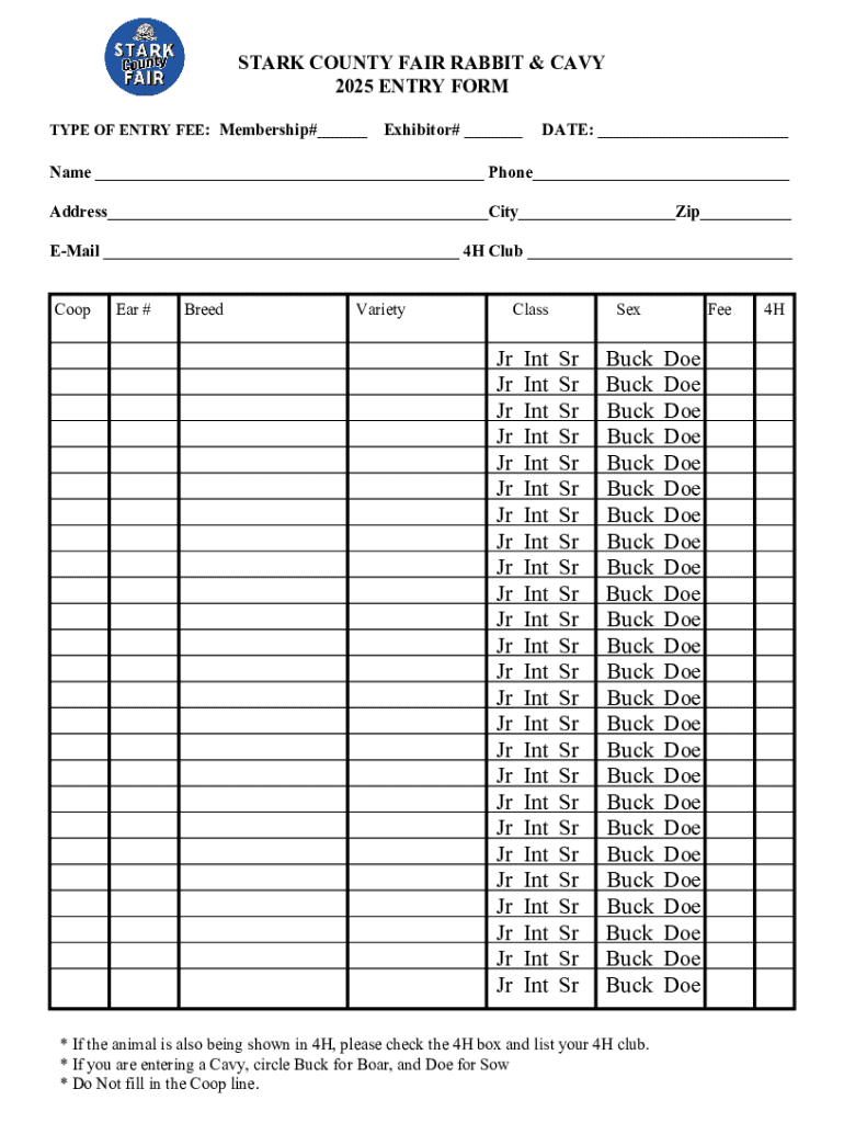 Fillable Online Stark County Fair Rabbit & Cavy 2025 Entry Form Fax Email Print - pdfFiller