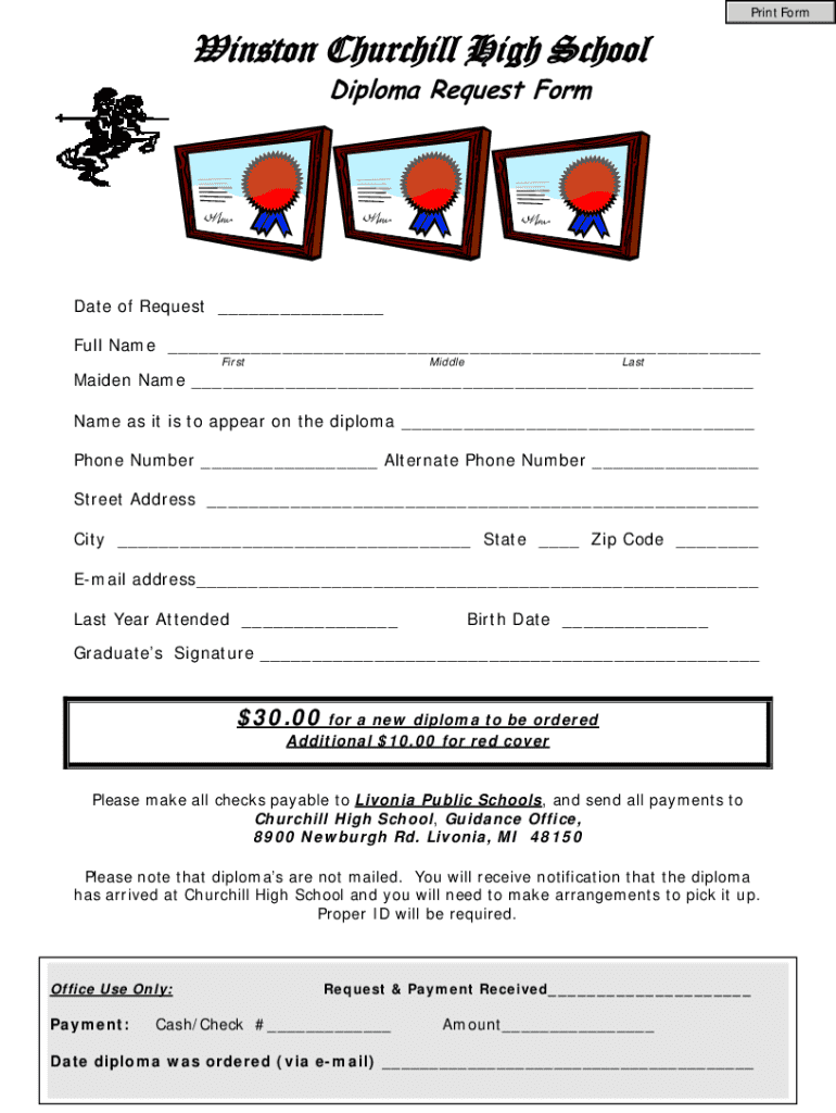 Fillable Online Winston Churchill High School Diploma Request Fax Email ...