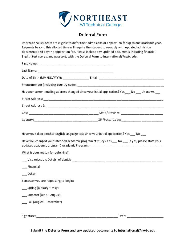Fillable Online Deferral Form for International Students Fax Email ...